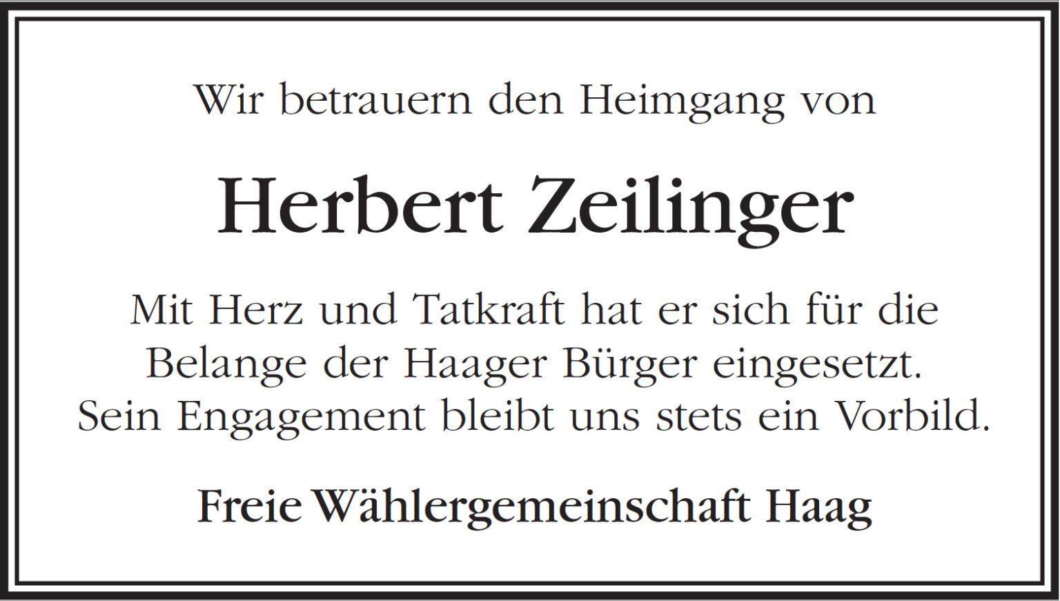 Nachruf auf Herbert Zeilinger sen. - Freie Wählergemeinschaft Haag